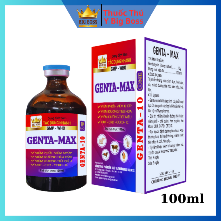 GENTA MAX 10% - 100ML. Đặc trị các bệnh viêm phổi, viêm đường tiêu hóa ...